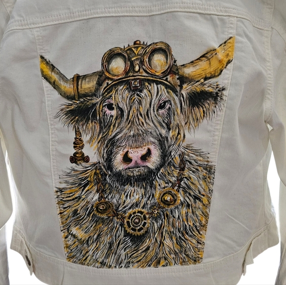 Jackets & Coats | Steampunk Highland Cow Hand Painted On White Jean ...